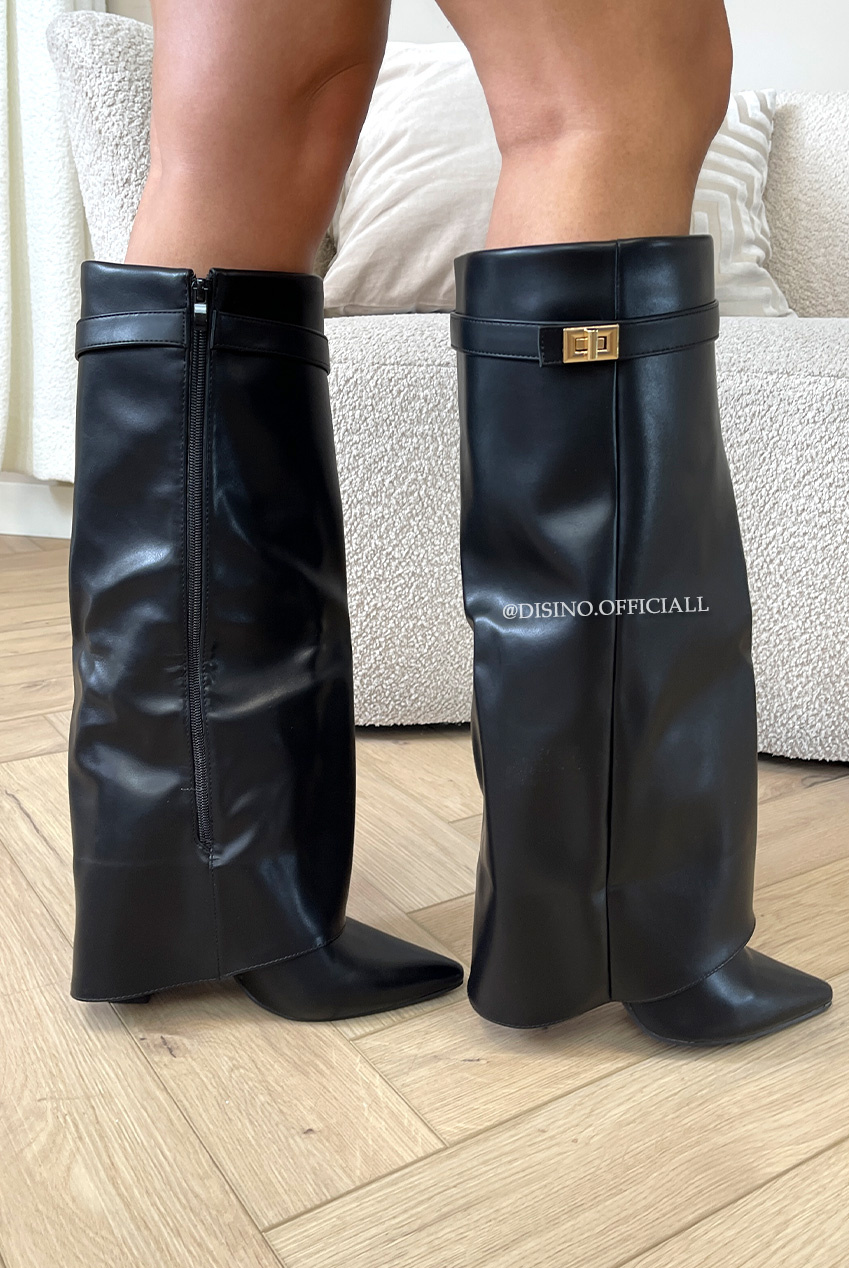 BLACK - 'LEATHER SHARK BOOTS' - PREMIUM QUALITY PERFECT HIGH HEELS ...