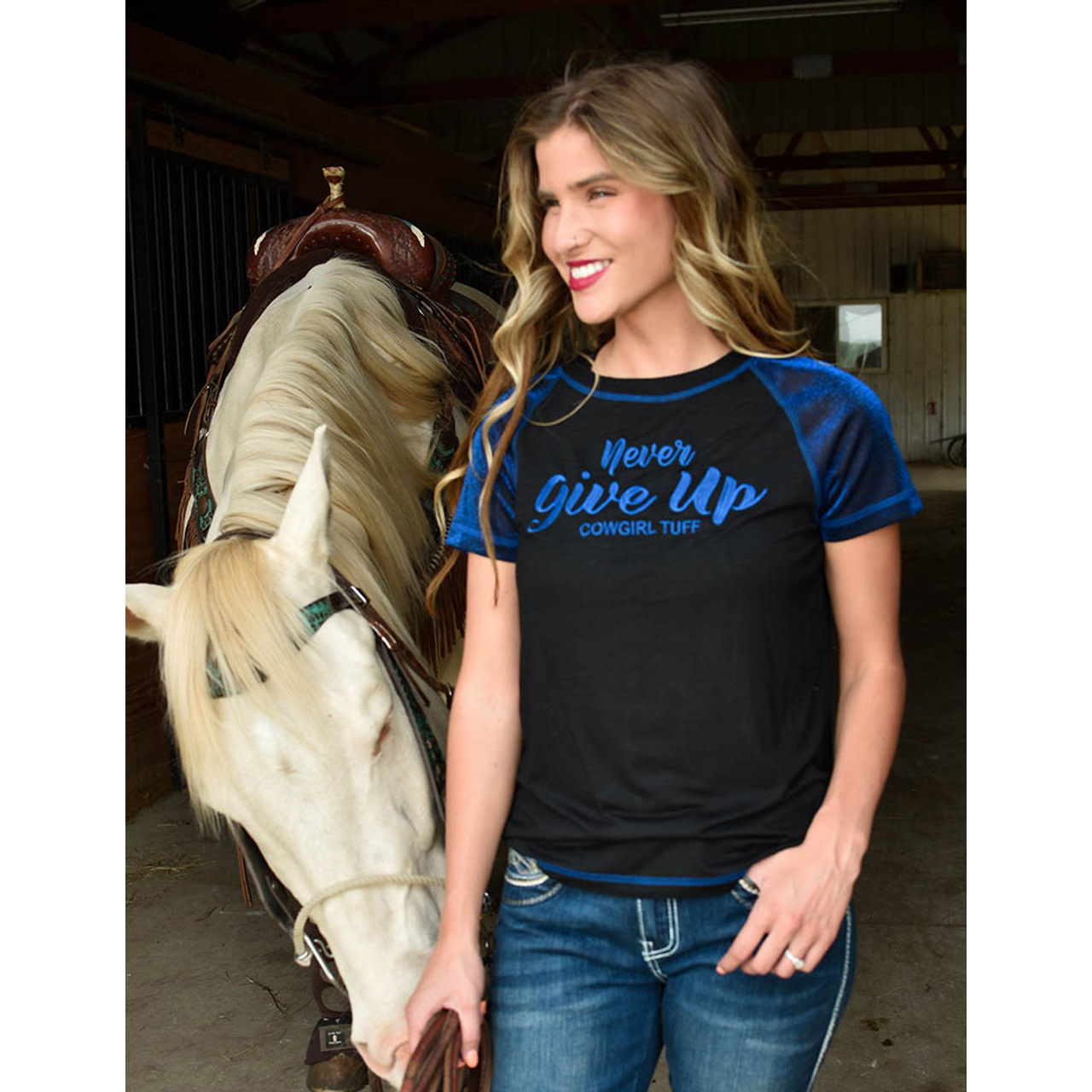Lightweight Tee Never Give Up Blue - EURO-HORSE western riding supplies