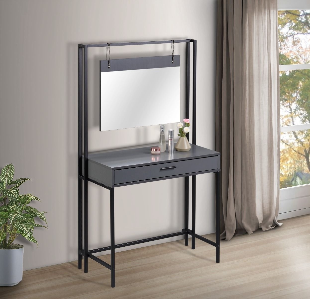 Zahra Dark Grey Dressing Table With Mirror - Freitaslaf Net LTD
