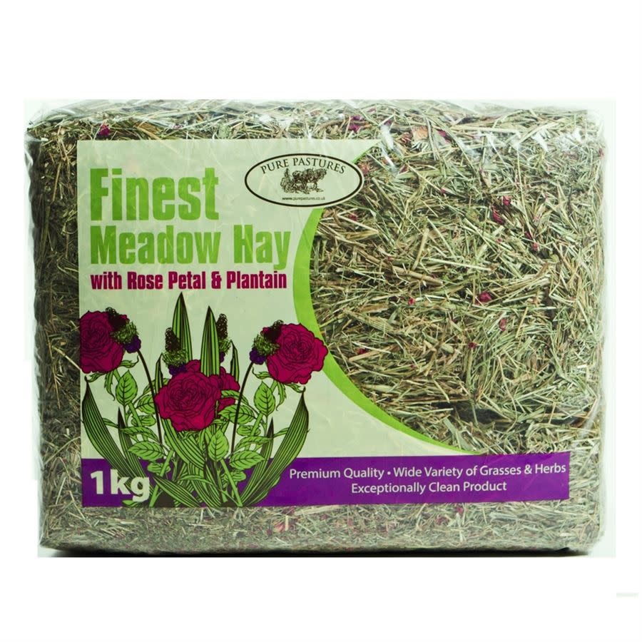 Finest Meadow Hay with Rose Petal & Plantain 1kg - Pet Care By Post