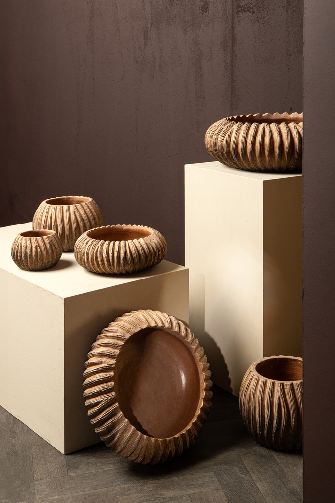 Revil Koperen cementpot rond met strepen laag M - Rene Houtman