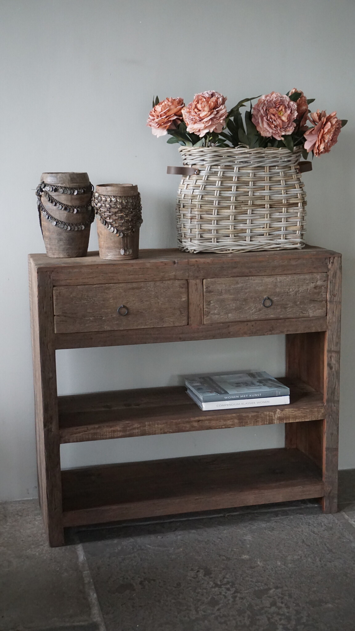 Landelijk Sobere Sidetable Wandtafel Oud Hout 2 Lades L100xD38xH90 cm ...