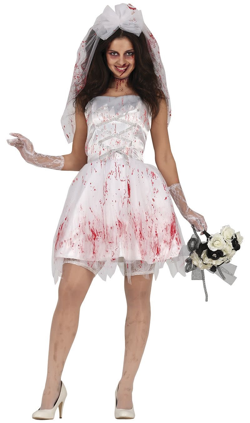 Halloween Kostuum Bloederige Bruid - Wit Jurkje met Tiara en Sluier ...