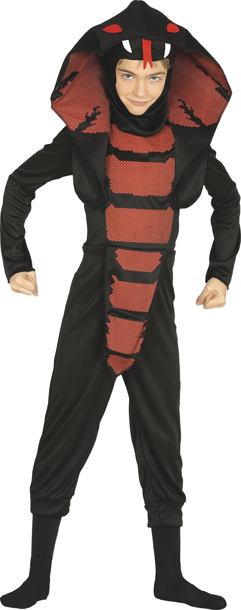 Halloween Kinderkostuum Cobra Slang – Zwart-Rood met Grote Capuchon ...