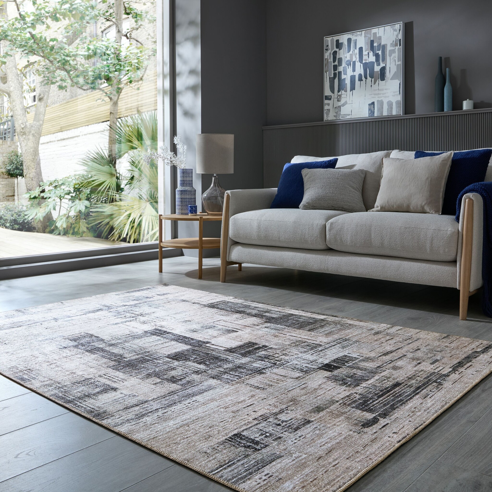 Wasbaar abstract vloerkleed – Silas Crème/Grijs - Flycarpets