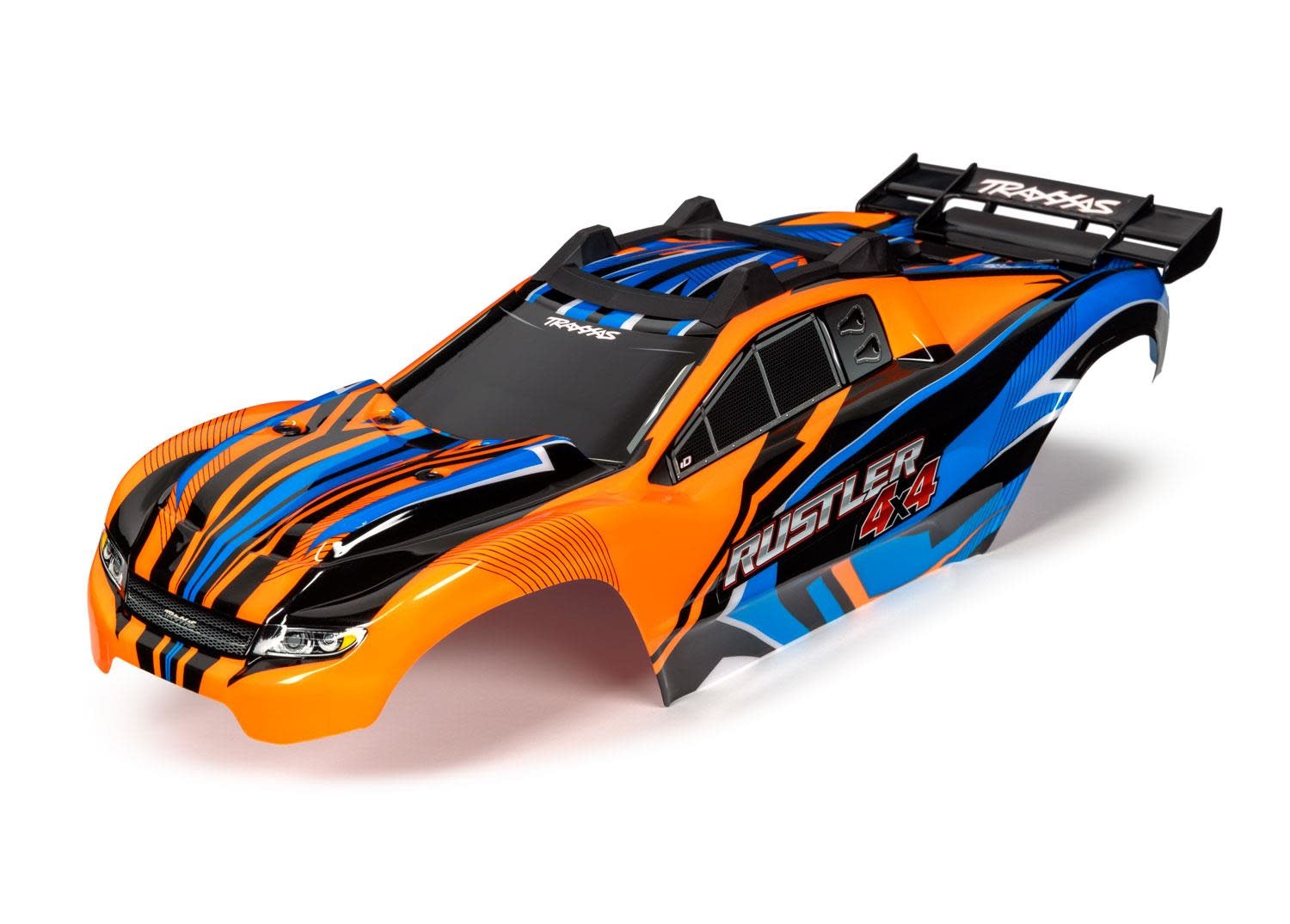 Traxxas Body, Rustler 4X4, orange & blue/ window, grille, lights decal ...