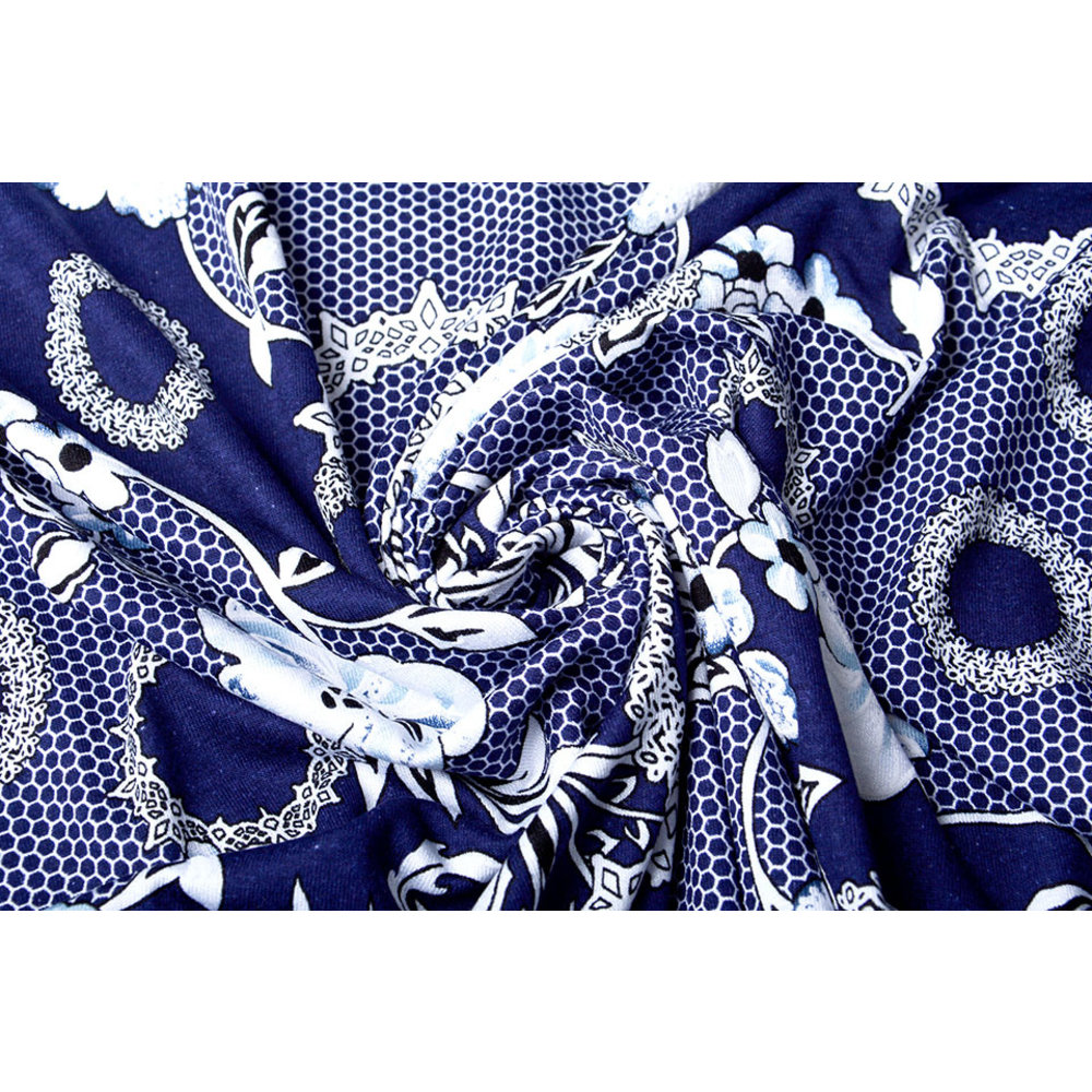Viskose Jersey Lacquar Bunga Blume Marine Blau - YES Fabrics