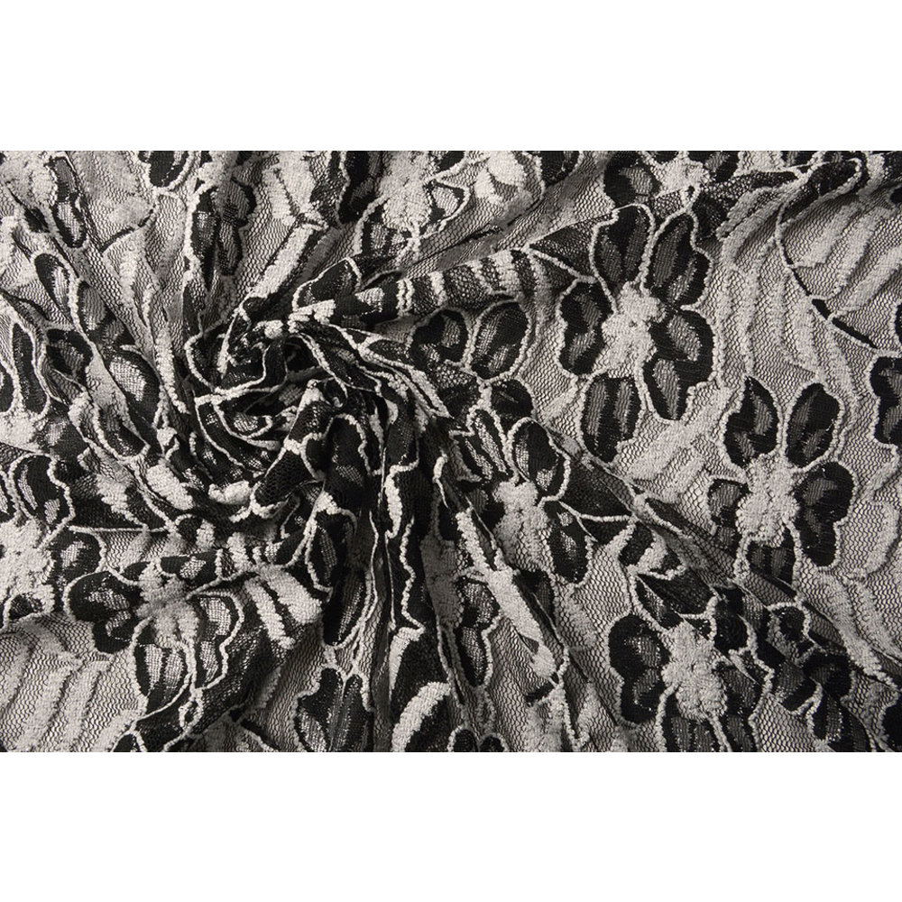 Lace Flowers Suze Black Silver - YES Fabrics