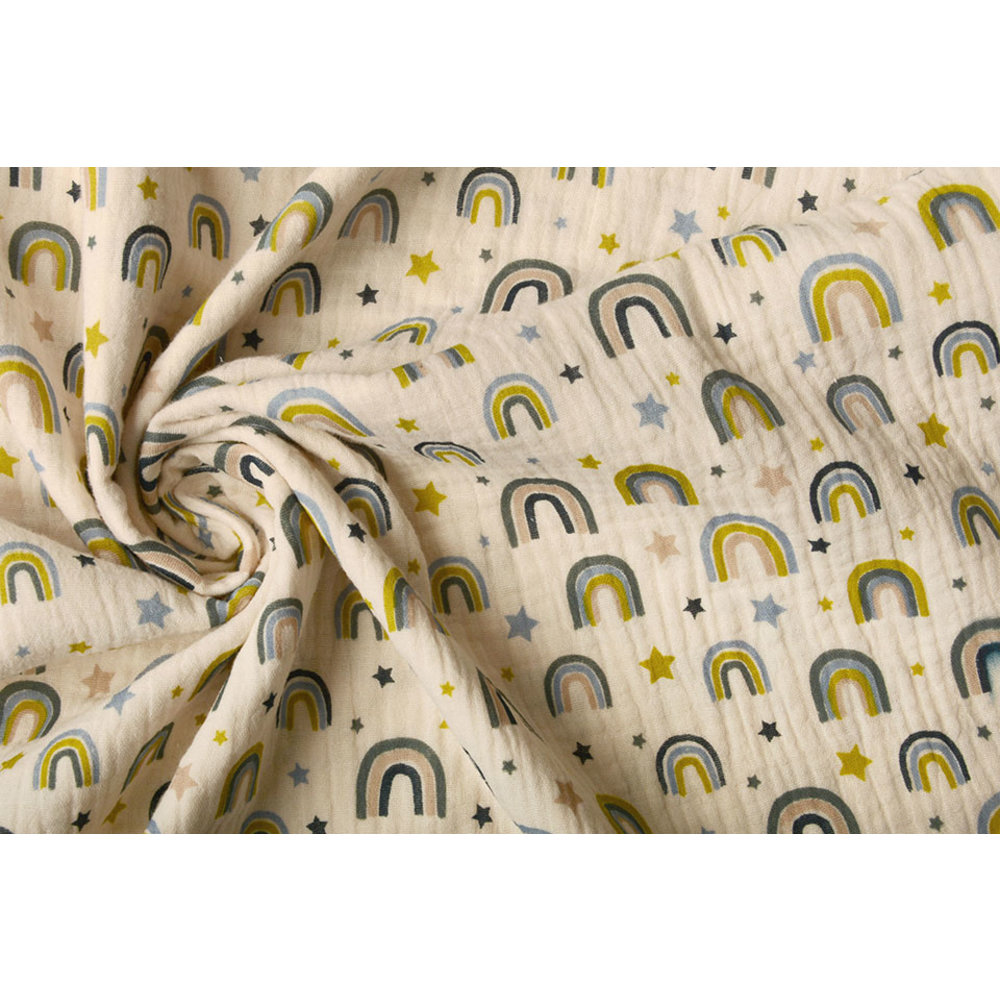 Baumwoll Musselin Stoff Regenbogen und Sterne Natürlich - YES Fabrics