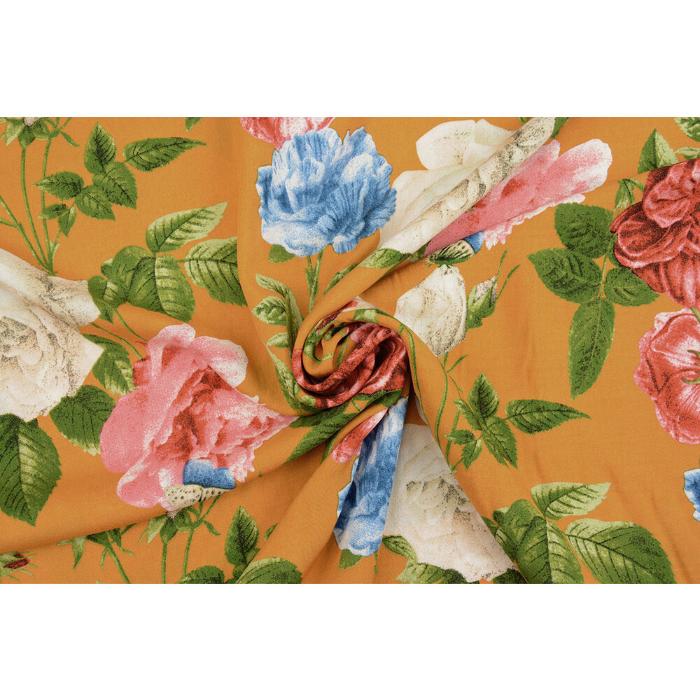 100% Viscose Sophia Vlinder op Rozen Oker - YES Fabrics