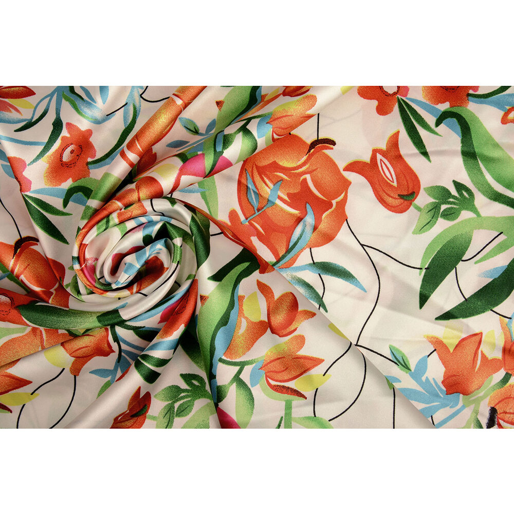 Stretch Satin Printed Flowers Penny - YES Fabrics