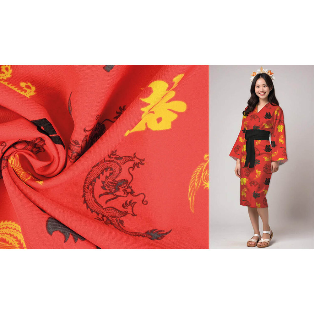 Bi-Stretch Printed Chinese Dragon Red - YES Fabrics
