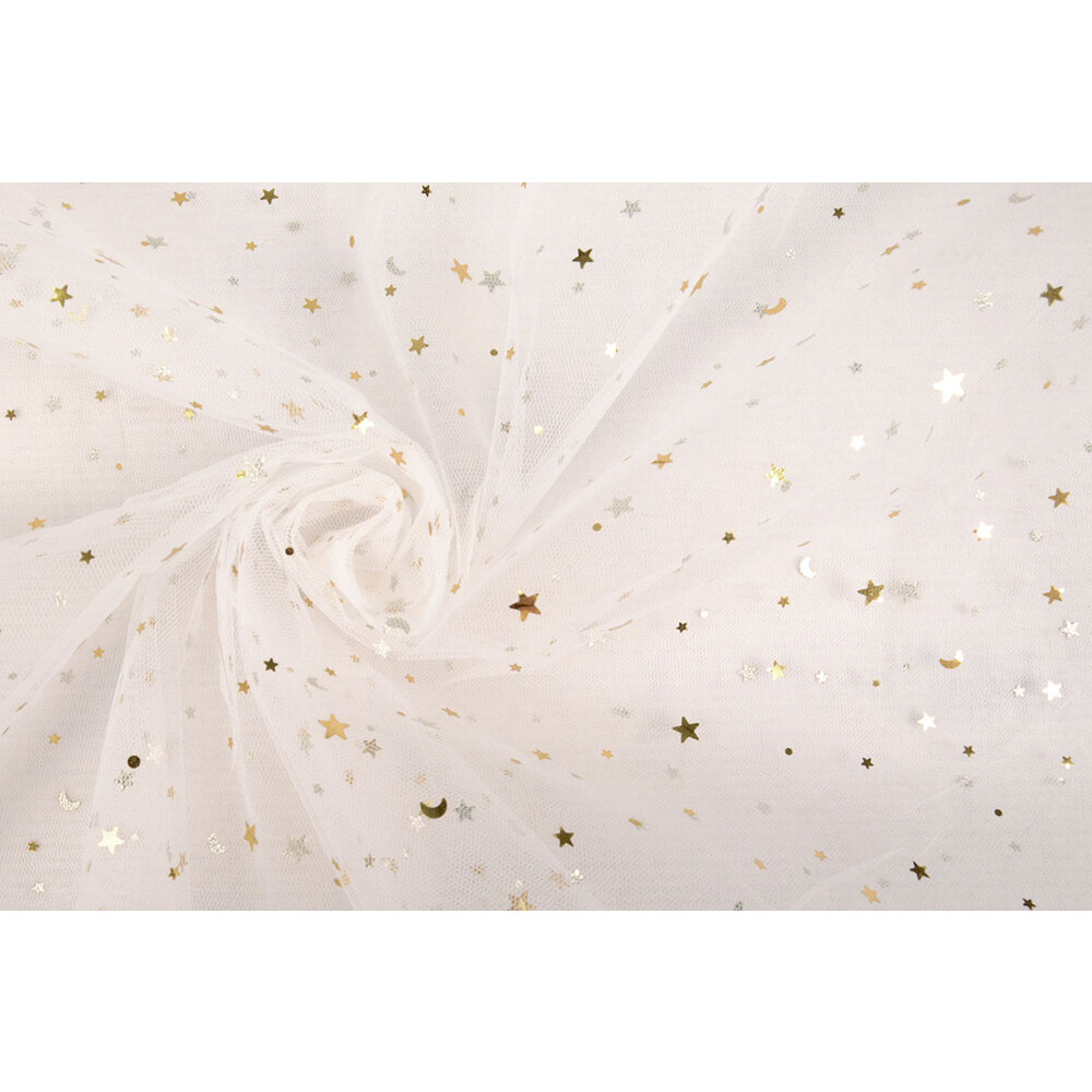 Feiner Tull Weiß Stern Gold - YES Fabrics