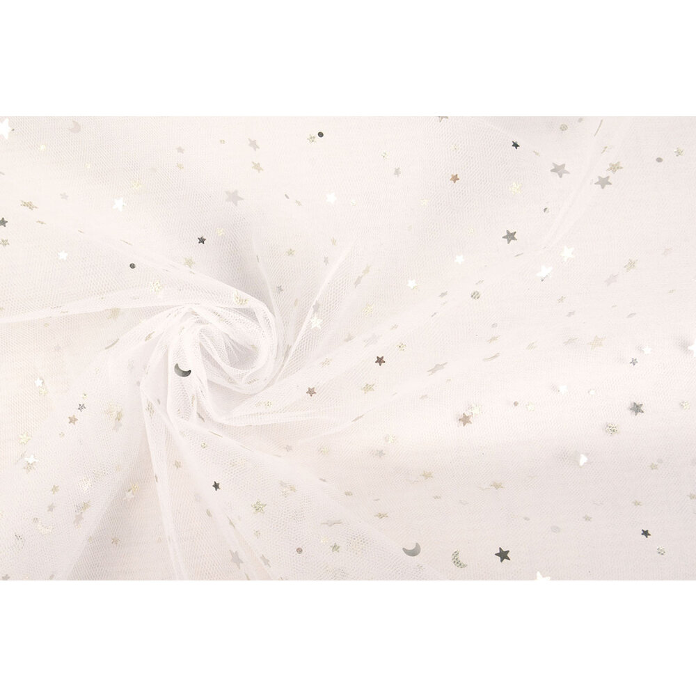 Feiner Tüll Weiß Stern Silber - YES Fabrics