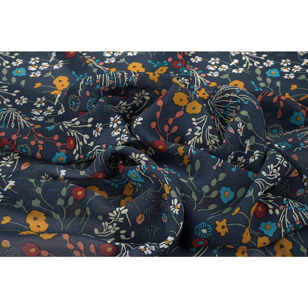 Chiffon Printed Bunga Flora Navy - YES Fabrics