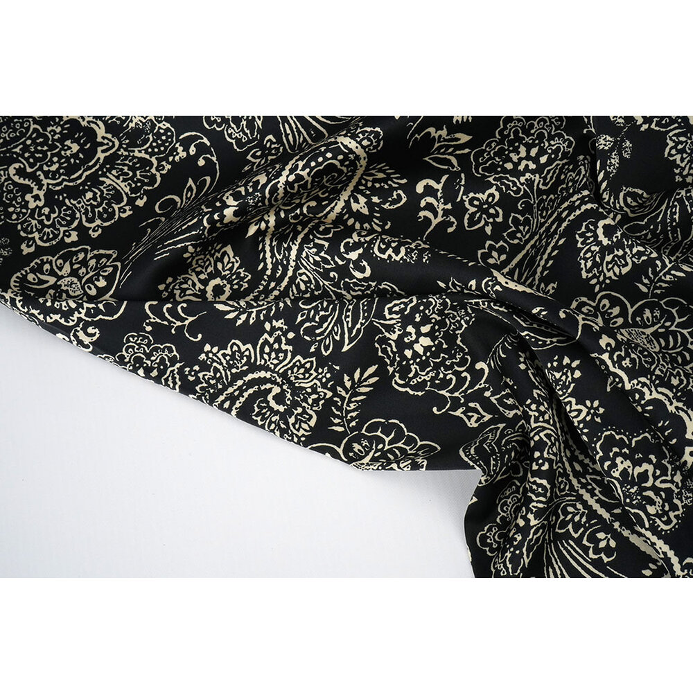 Stretch Satin Printed Paisley Black - YES Fabrics