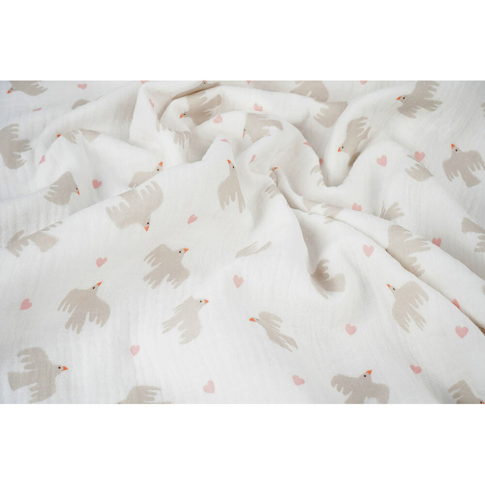 Double Gauze Organic Birds White - YES Fabrics