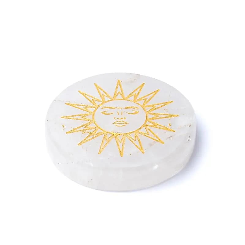 Gegraveerde mineraalschijf bergkristal zon - Spirituele winkel