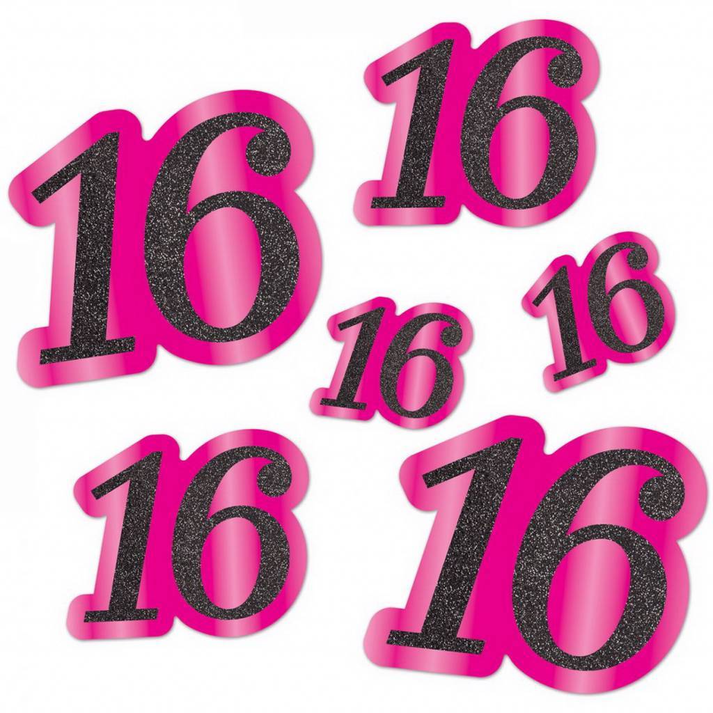 Decoratie cijfer sweet 16 pink zwart - Feestartikelen.be