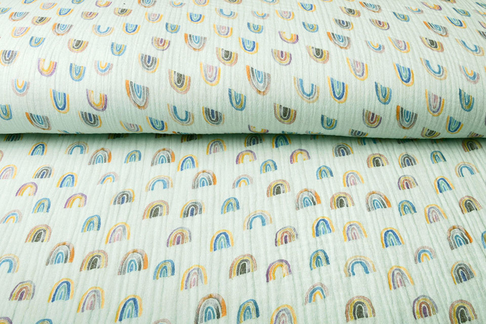 Baumwoll Musselin Stoff Regenbogen Hell Blau-Grün - Boelens Modestoffen