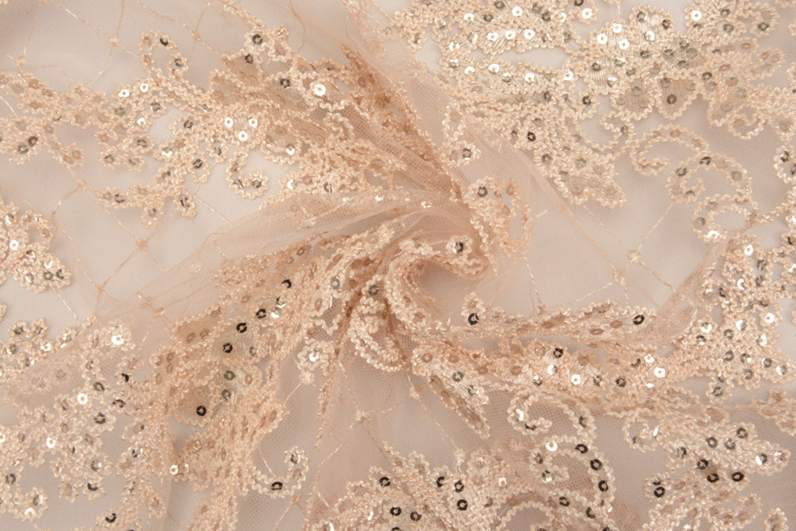 Netz Bestickt Pailletten Quenya Champagne - Boelens Modestoffen