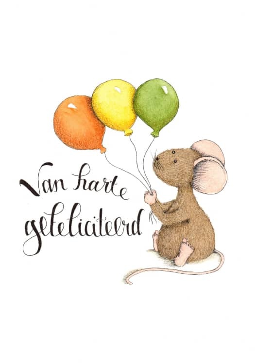 Anillustration Ansichtkaart Muis met drie ballonnen vast