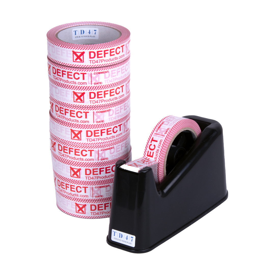 TD47 Controle Tape 25mm x 66m Defect (10st.) + Dispenser - Tape-Deal.com
