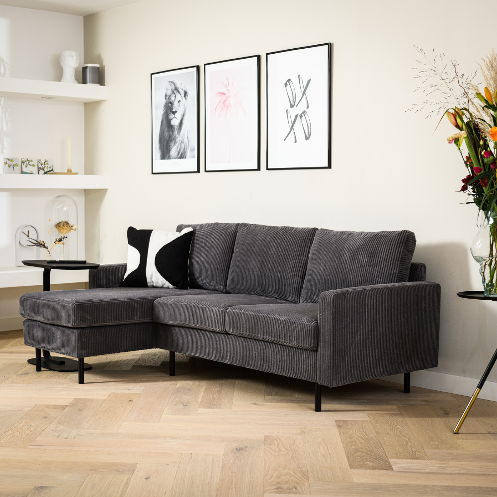 3-zits industriële hoekbank Caroline ribstof antraciet links of rechts ...