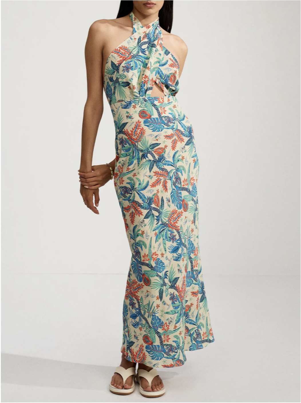 Cross front halter midi dress - Oatmeal multi - JUULS STORE