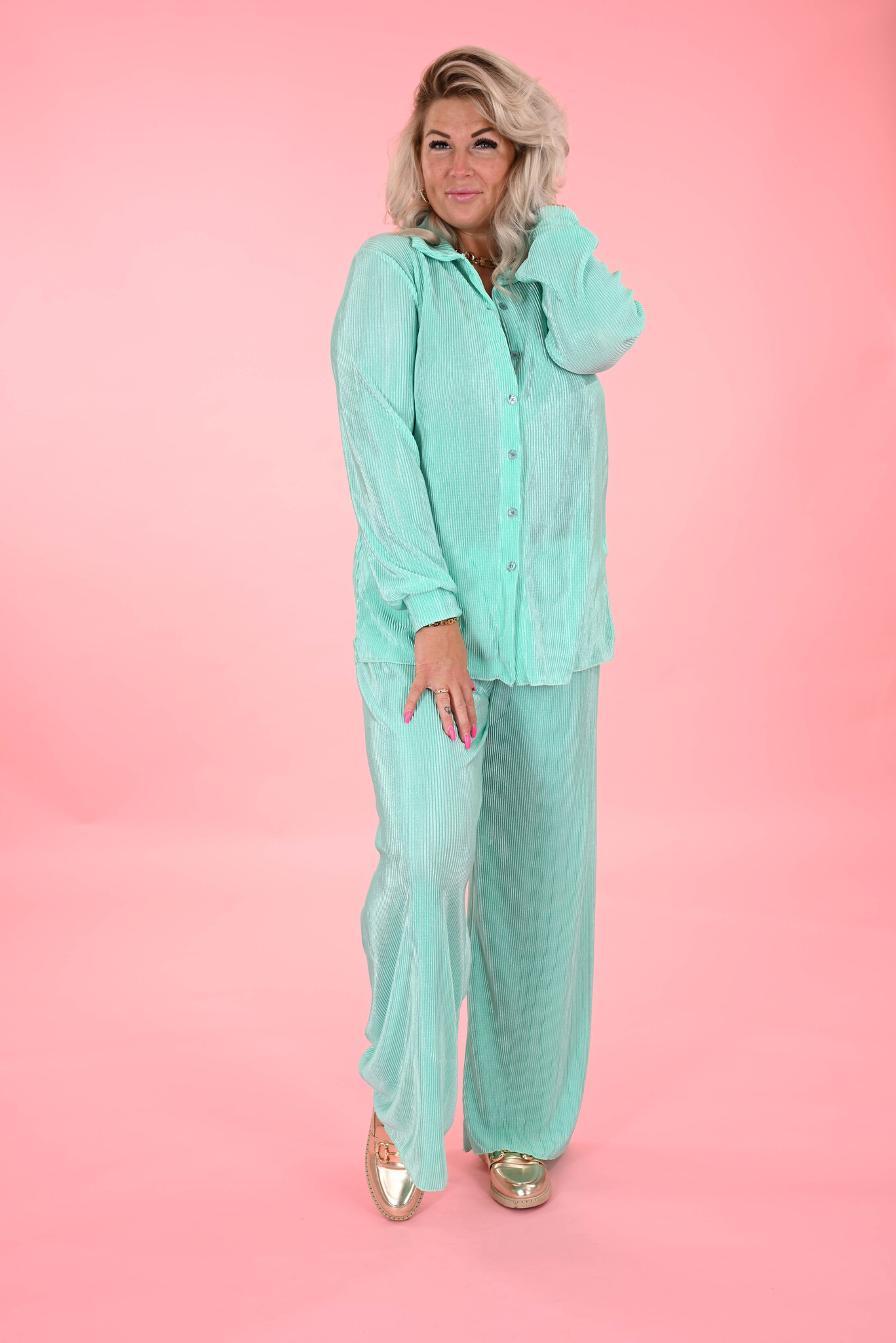 Tweedelig blouse plisse pak turquoise - Kip Aloha damesmode
