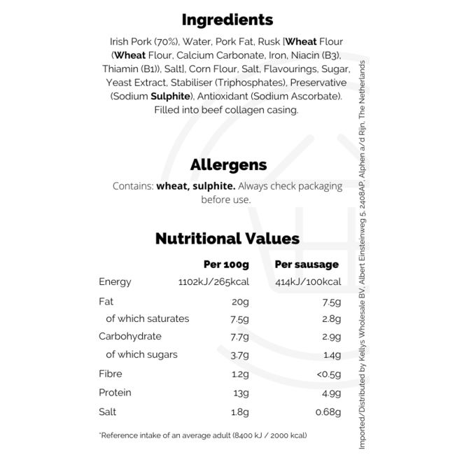 Irish Pork Breakfast Sausages 9pk 338g - Kellys Expat Shopping