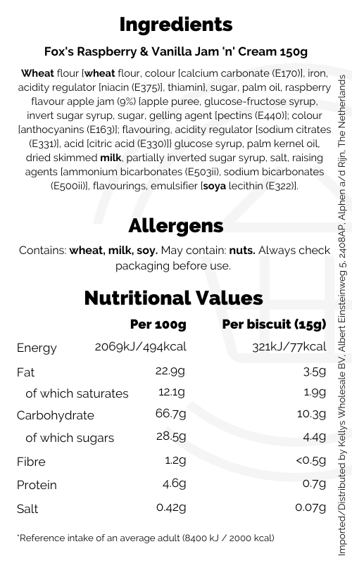 Fox's Raspberry & Vanilla Jam 'n' Cream 150g | British Biscuits ...
