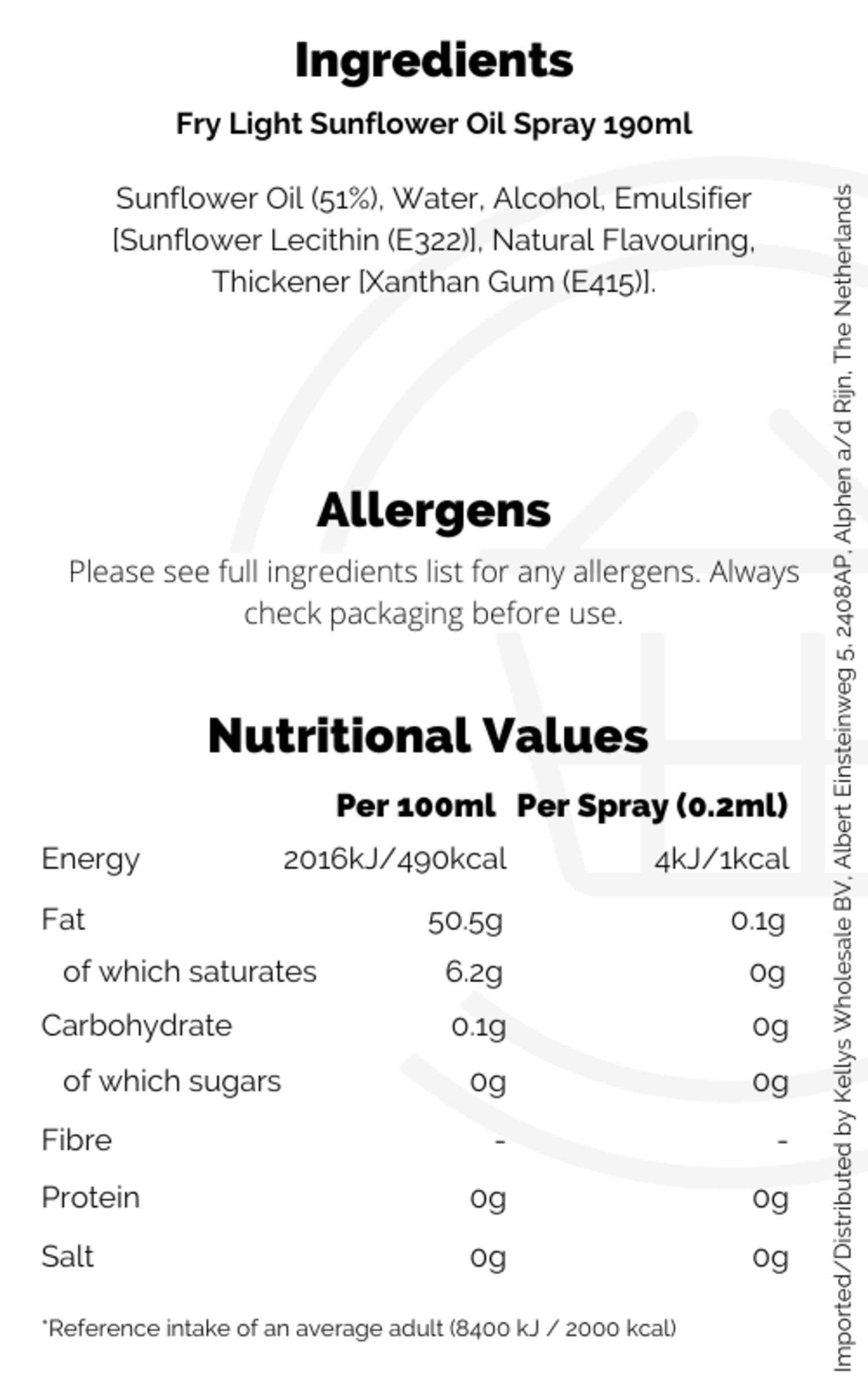 Fry Light Sunflower Oil Spray 190ml | Zonnebloemolie Bakspray - Kellys ...