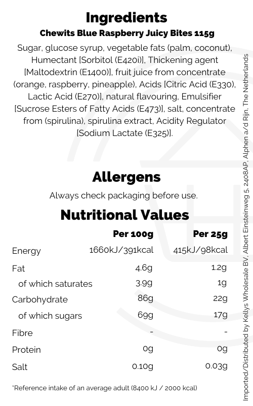 Chewits Blue Raspberry Juicy Bites 115g - Kellys Expat Shopping