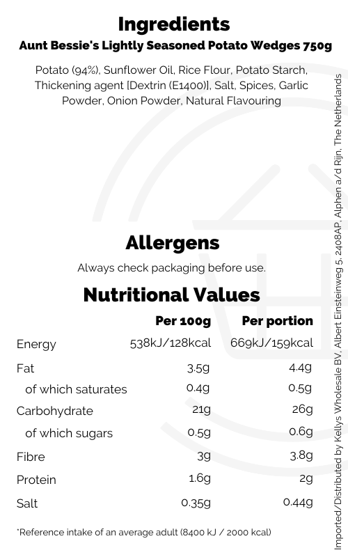 Aunt Bessie's Lightly Seasoned Potato Wedges 750g - Kellys Expat Shopping
