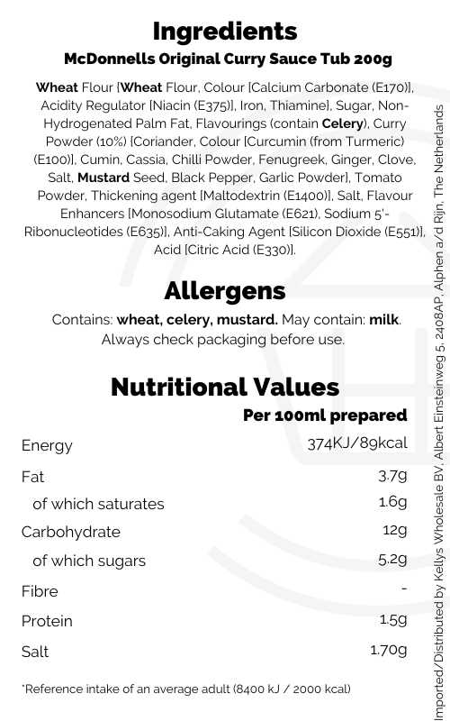 McDonnells Original Curry Sauce Tub 200g - Kellys Expat Shopping