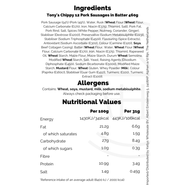 Tony's Chippy 12 Pork Sausages in Batter - Kellys Expat Shopping