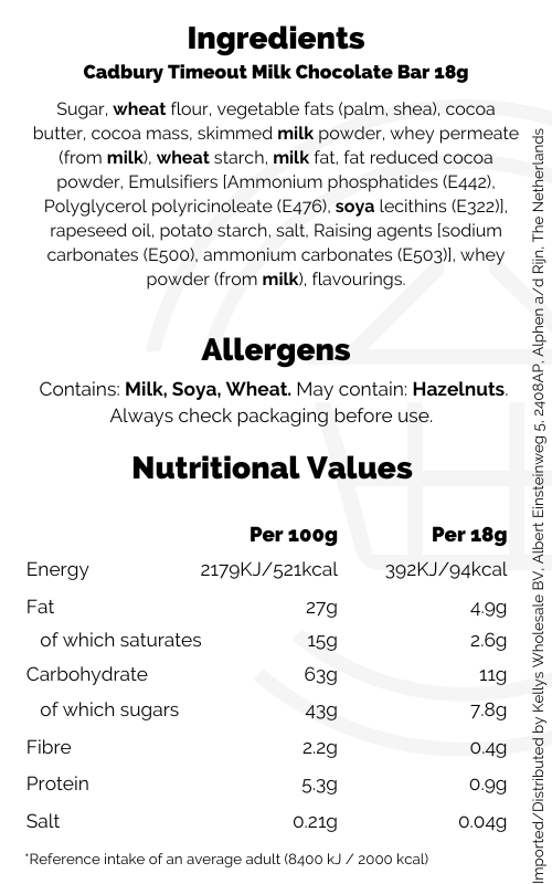 Cadbury Timeout Milk Chocolate Bar 18g - Kellys Expat Shopping