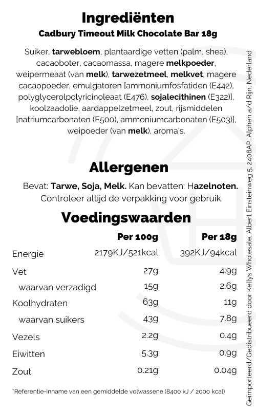 Cadbury Timeout Milk Chocolate Bar 18g - Kellys Expat Shopping