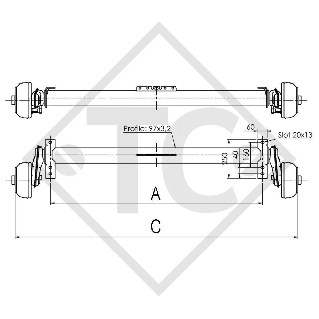 Braked axle 1300kg axle type B 1200-5 - Humbaur HN 254121 - Trailer ...