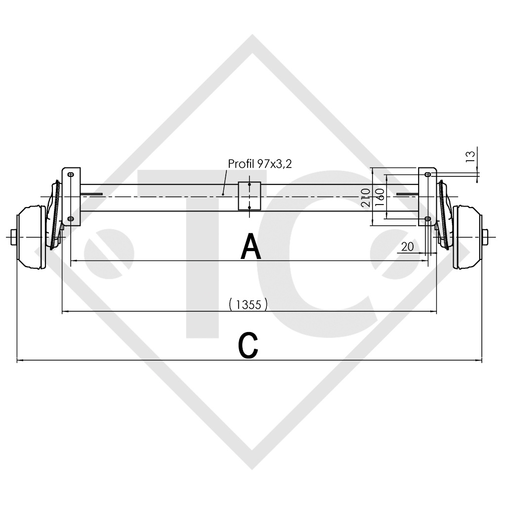Braked axle 1350kg axle type B 1200-6, Saris 10405065 - Trailer Center ...