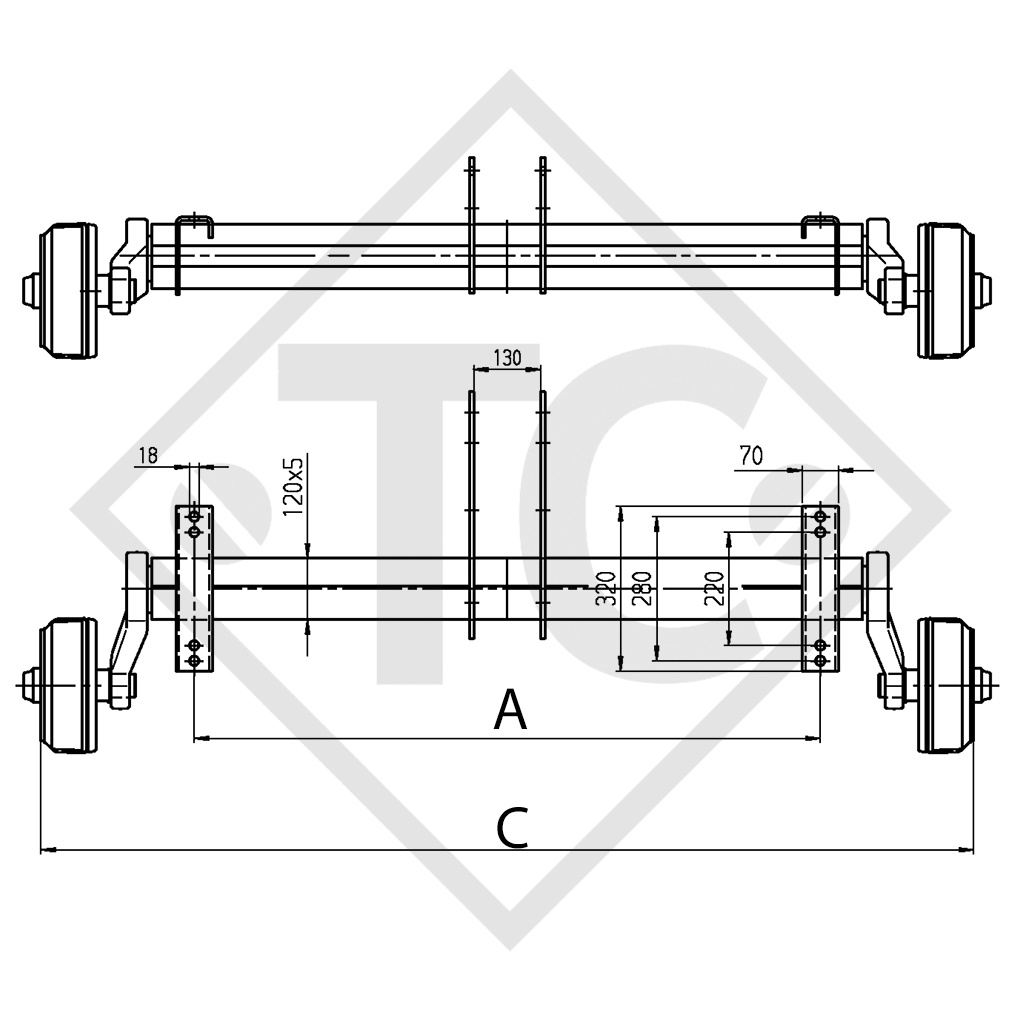 Braked axle 1900kg axle type B 2000-2, 1222801, 811469 - Trailer Center ...