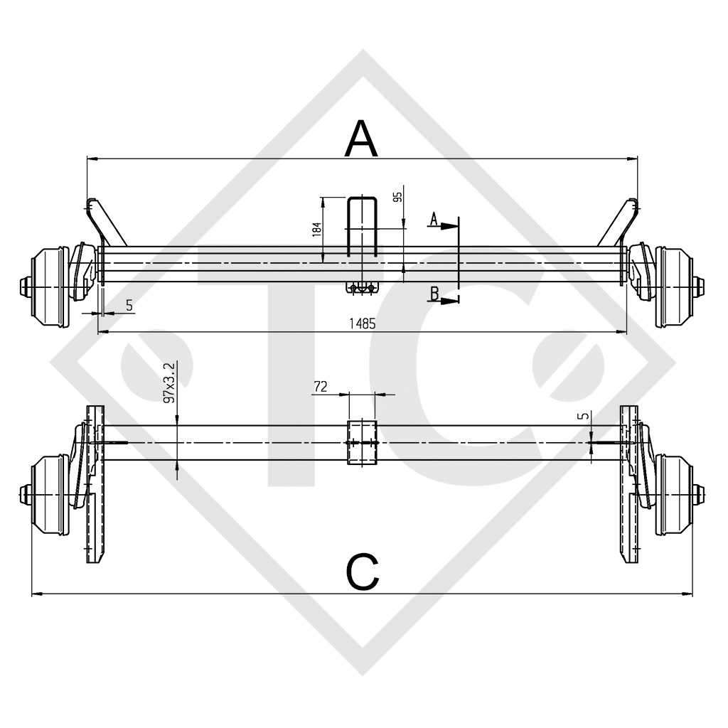 Braked axle 1350kg 1344166 axle type B 1200-6 623325 - Trailer Center ...