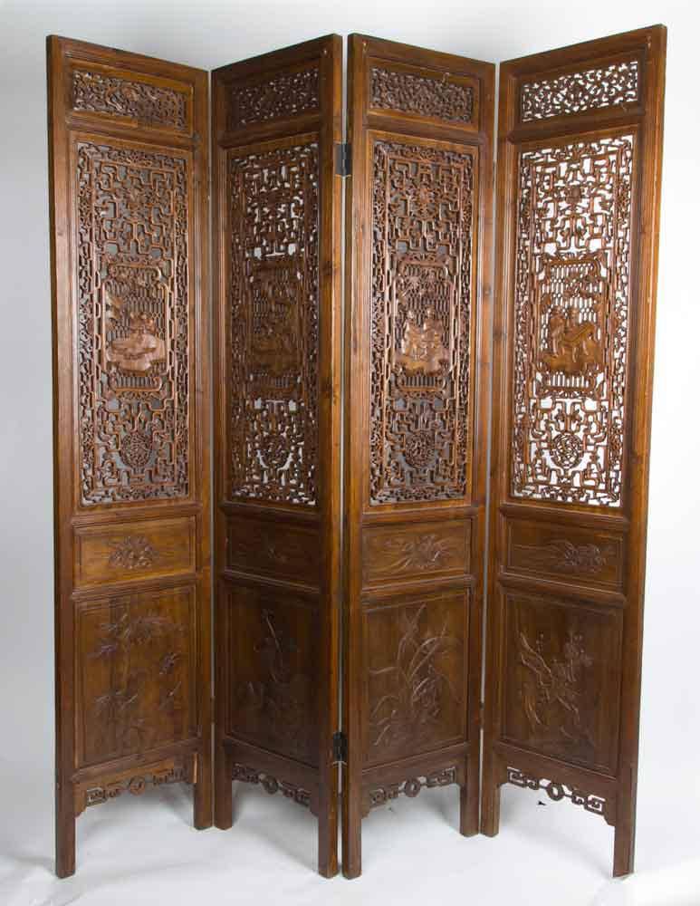 Antique Chinese Room Divider 19th Century Hand-carved 4 Panel Brown W1 ...