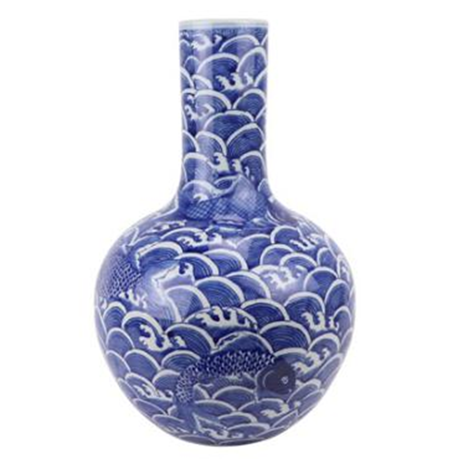 Chinese Vase Large Hand-painted Koi Fish Blue White W28xH43cm ...