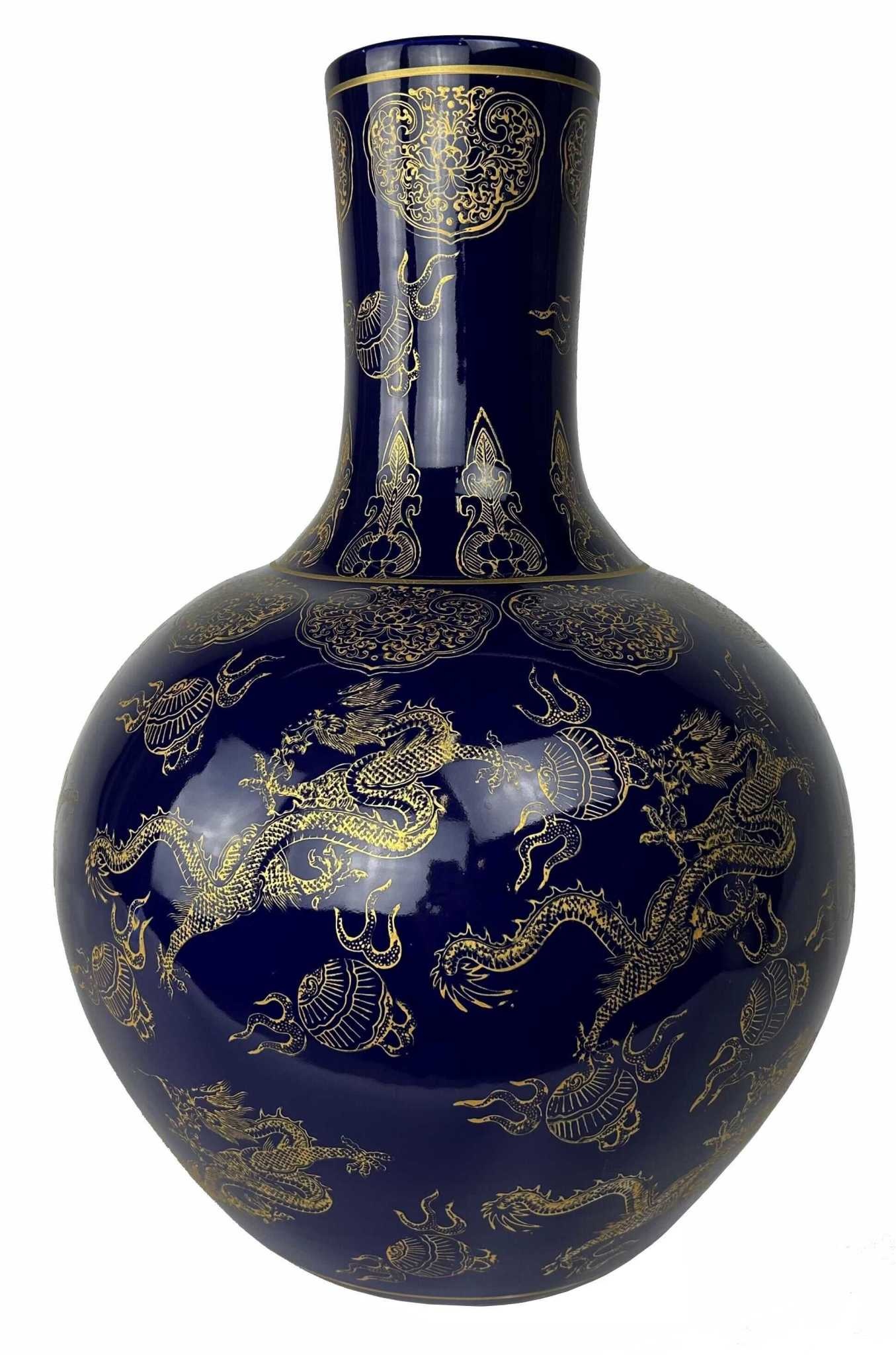 Chinese Vase Navy Blue Dragons Gold Handmade D41xH57cm - Orientique ...
