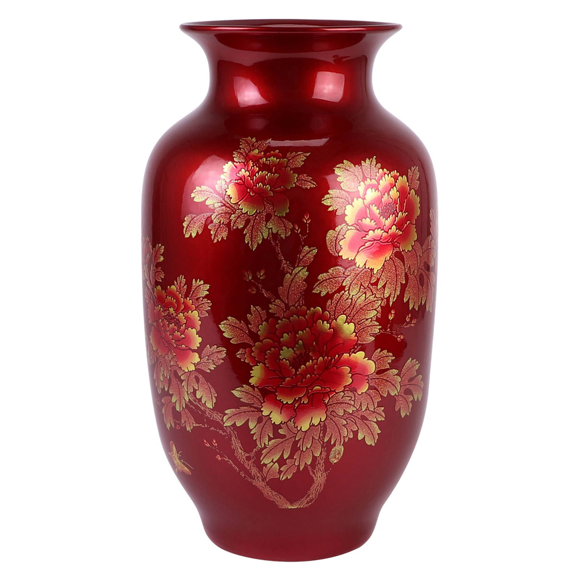 Chinese Vase Red Gold Peonies Handmade - Aurore D20xH35cm - Orientique ...