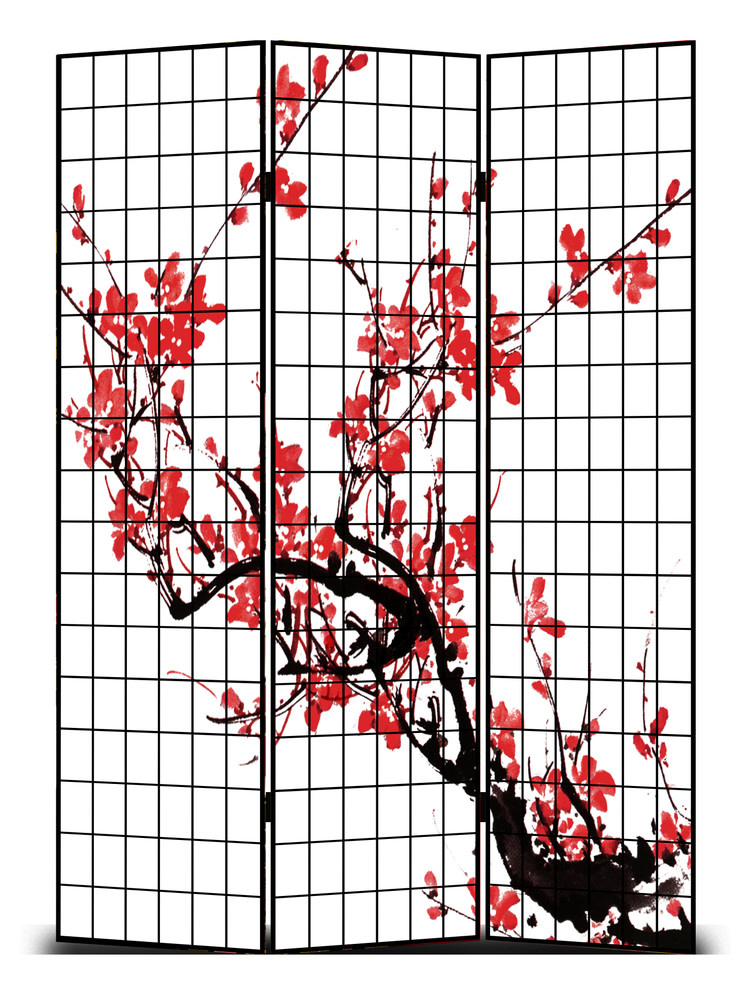 Japanese Room Divider Privacy Screen 3 Panels Cherry Blossoms Black ...
