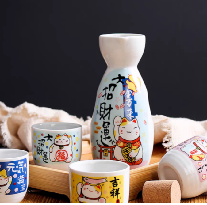 Sake Set Giftbox Lucky Cat Handmade - Yoshino Set/5 - Orientique ...