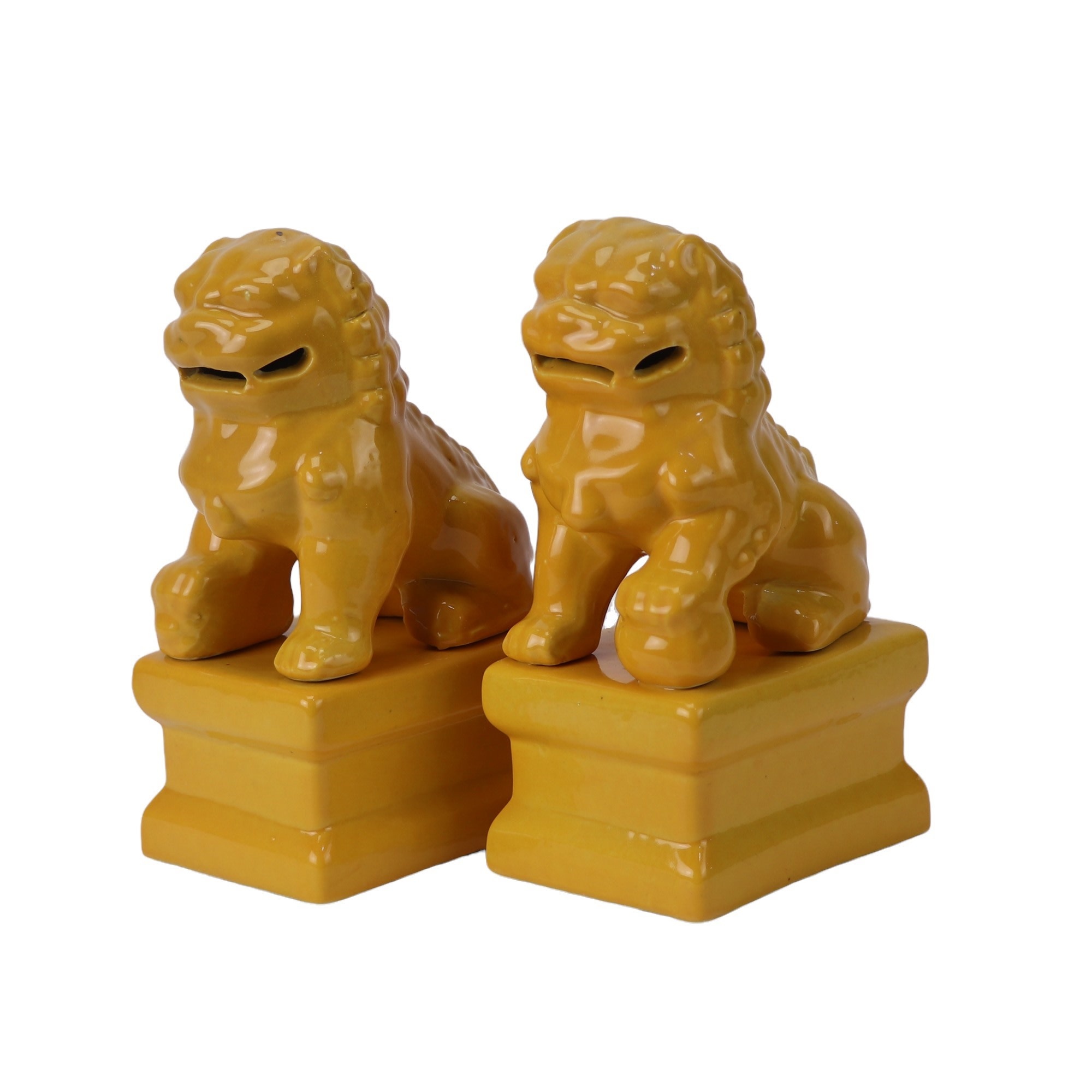 Chinese Foo Dogs Temple Guardian Lions Porcelain Yellow Set/2 Handmade ...